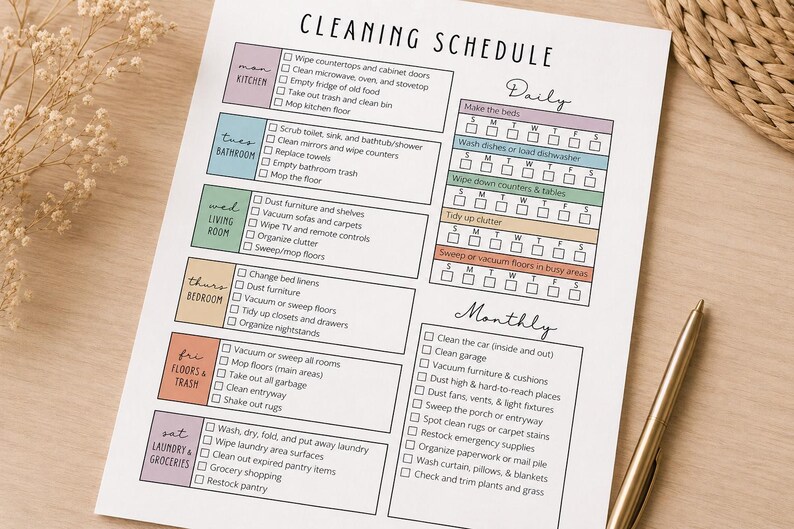 Weekly Cleaning Checklist Printable Bundle | House Cleaning Schedule ...