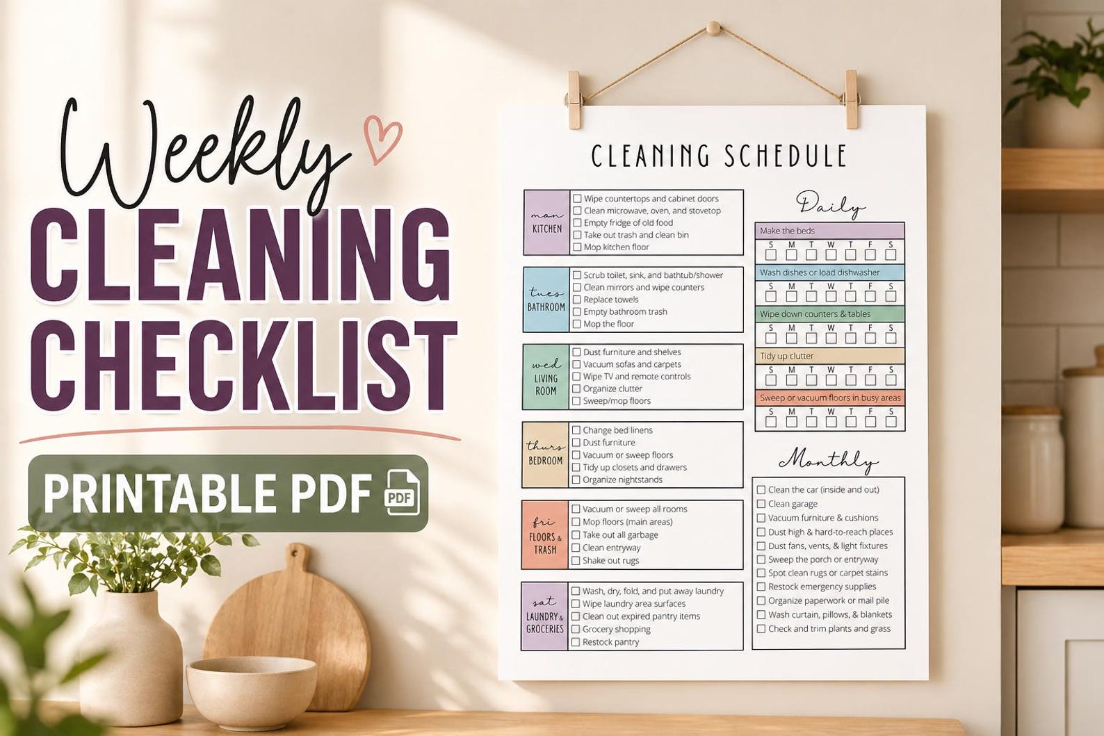Weekly Cleaning Checklist Printable Bundle | House Cleaning Schedule ...