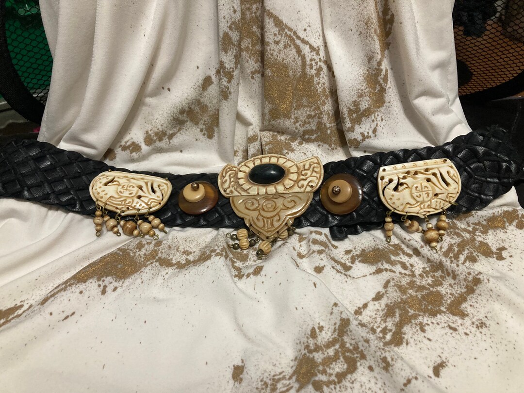 Vintage Carved Bone Bead Belt Buckle, Black Leather Belt Size 34”-36 ...