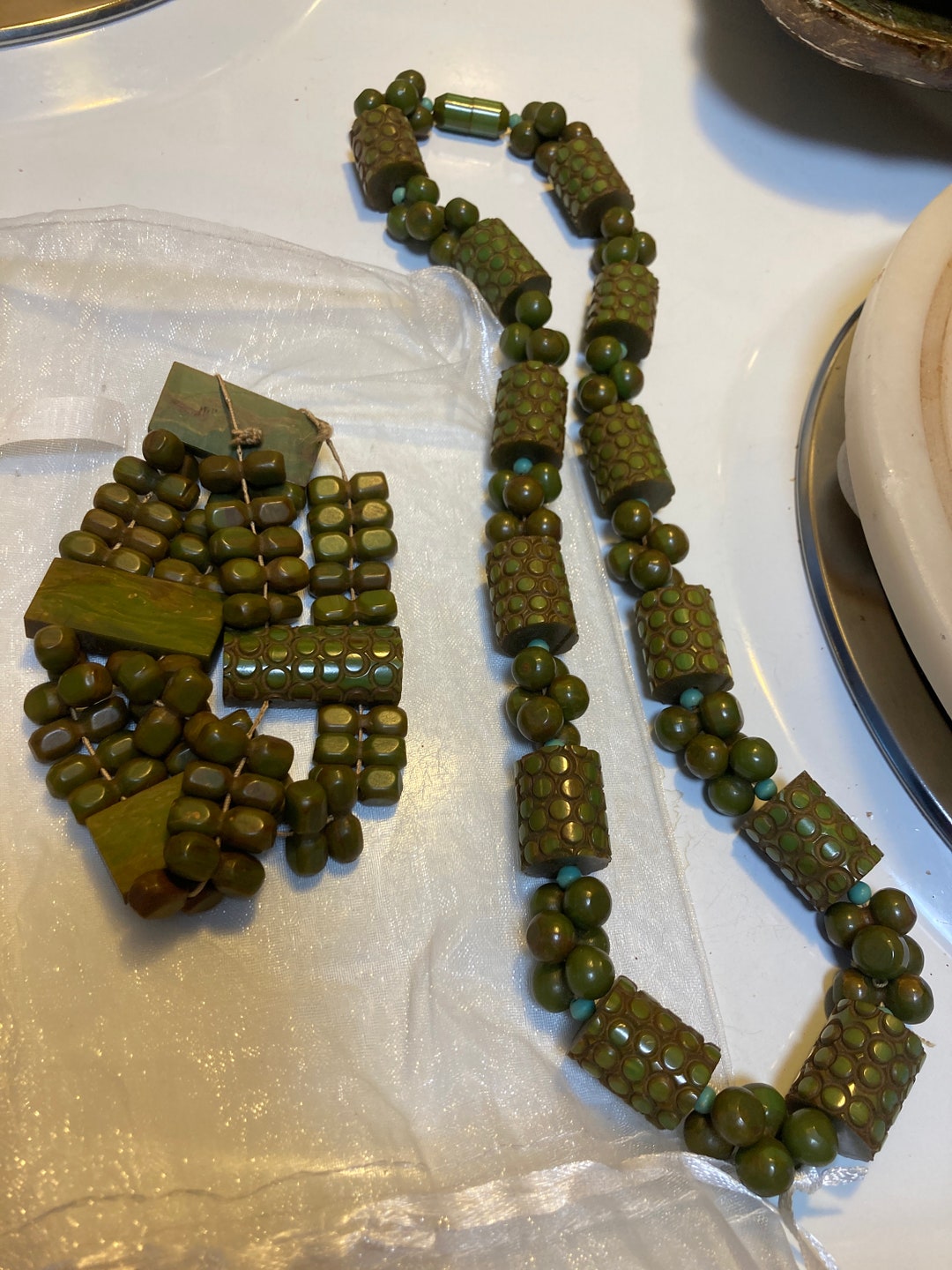 Antique Green Embossed Chunky Bakelite, Vintage Green and Blue Bakelite ...