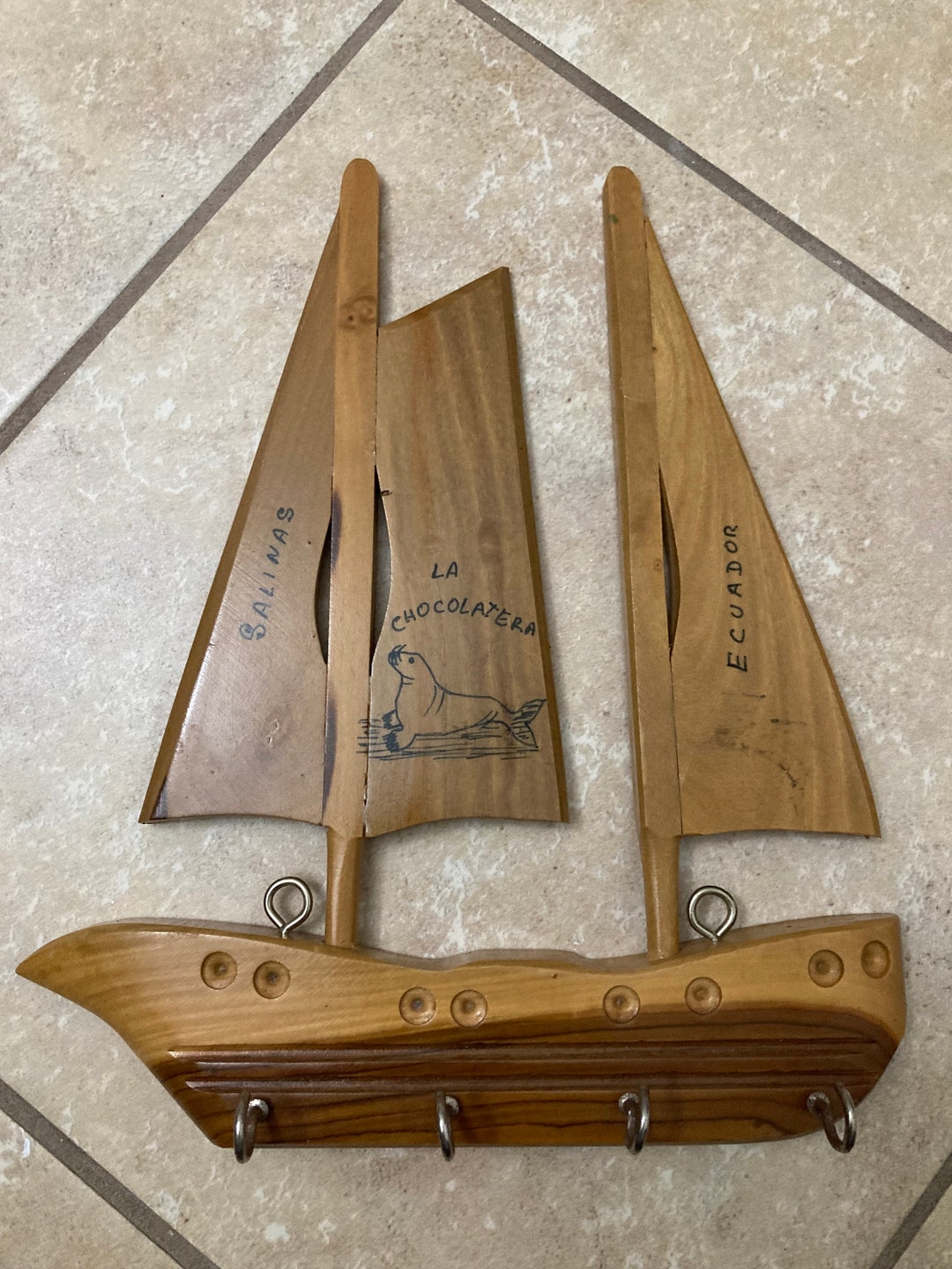 Vintage Mid Century Modern Sailboat Key Hook Plaque, Vintage MCM Wooden ...