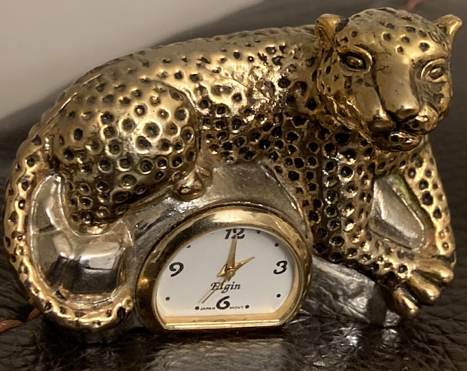 Elgin Leopard Desk Clock Gold Silver Tone, 3” X 2.25”, 1980 Art Deco ...