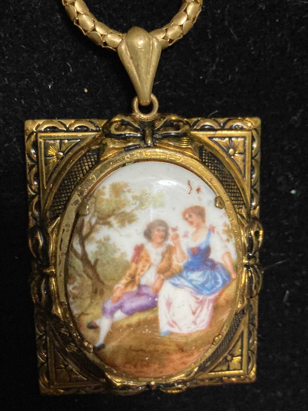 Vintage Painted Porcelain Cameo Book Locket, Large Etched Brass, 1940s ...
