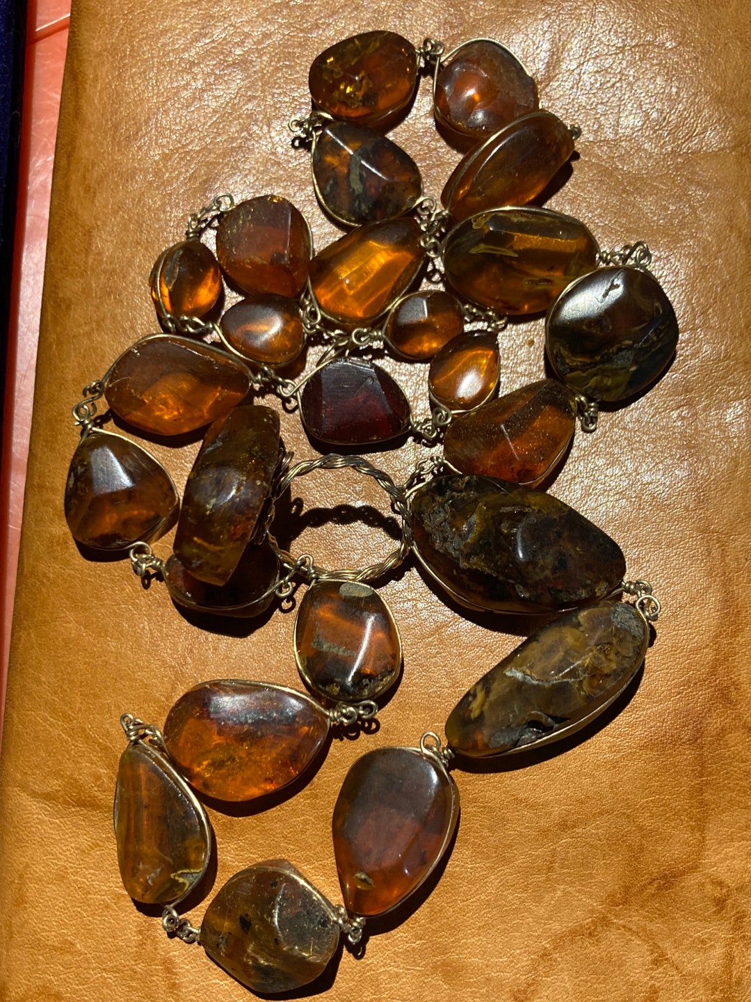 Vintage MCM 18K Gold Wire Amber Necklace & Ring Set, Vintage 18K Gold ...