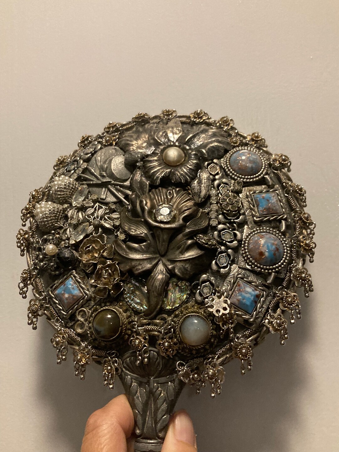 Silver Rhinestone Jeweled Hand Mirror, Antique Rhinestone Mirror ...