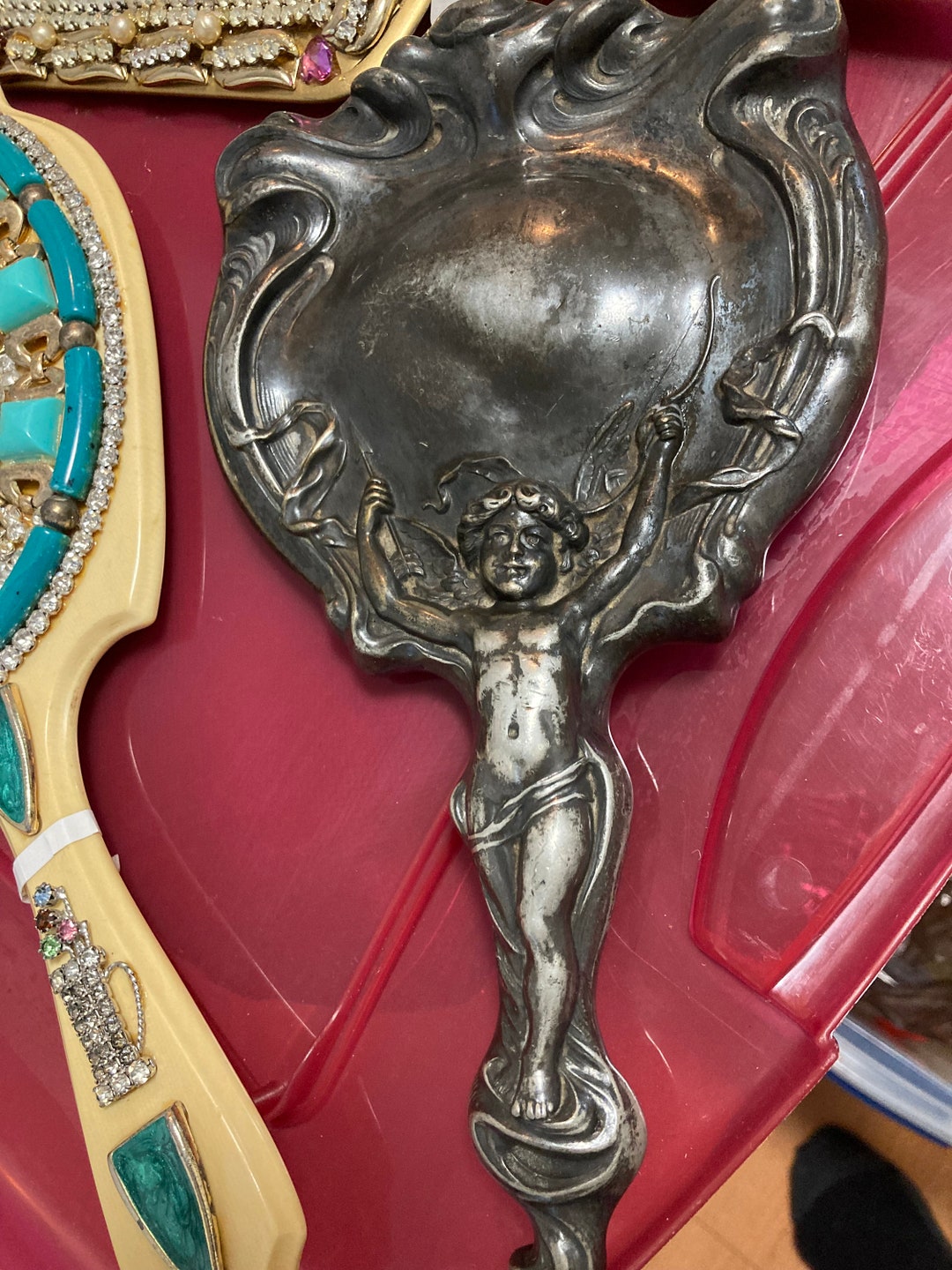 Vintage Art Nouveau Valentine Day Cupid Angel Repousse Hand Mirror ...