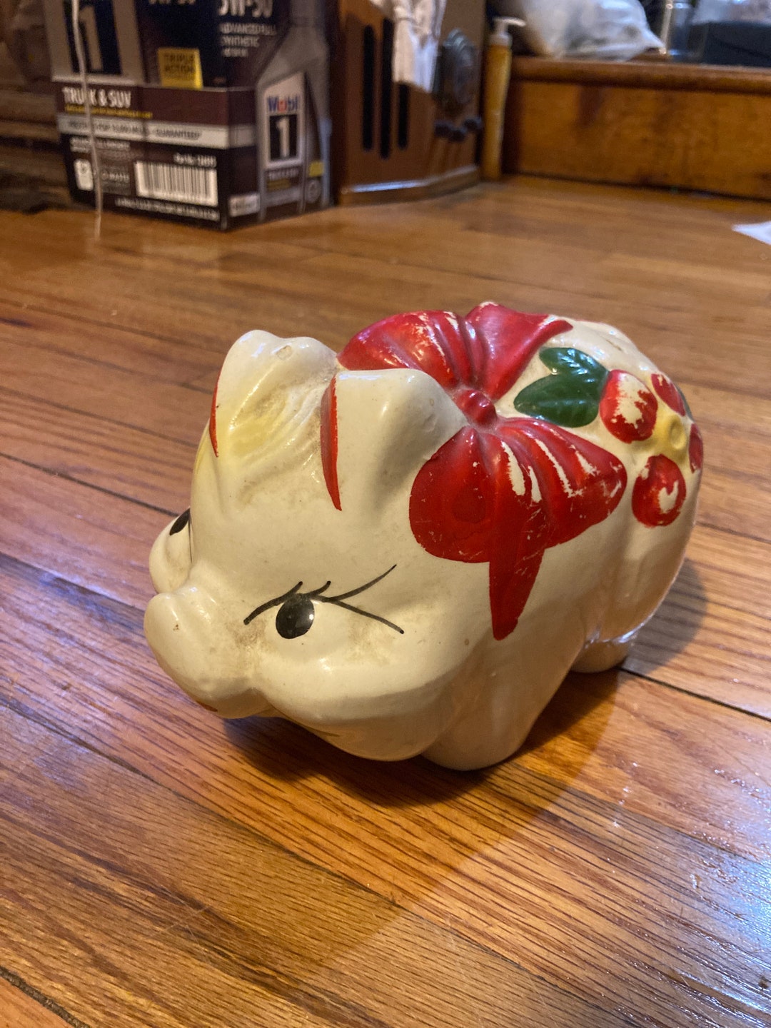 Vintage Pig Bank, Hand Painted Pig Bank Embossed Bow, 7” - Etsy