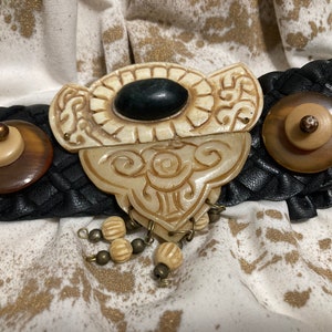 Vintage Carved Bone Bead Belt Buckle, Black Leather Belt Size 34”-36 ...