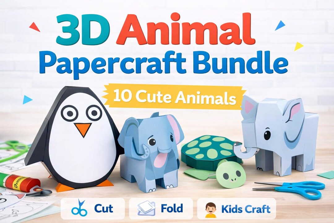 3D Animal Papercraft Bundle, 10 Templates, Kids Cut Fold Craft (instant ...
