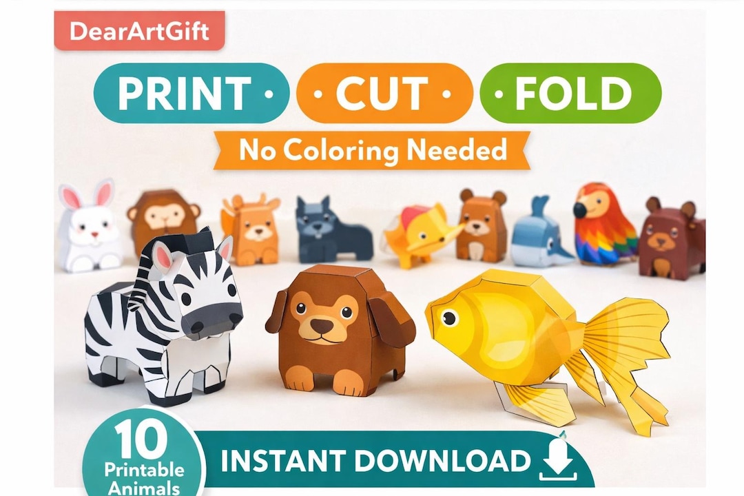 Printable 3D Animal Papercraft | Pre-colored Cut & Fold Animals | Kids ...