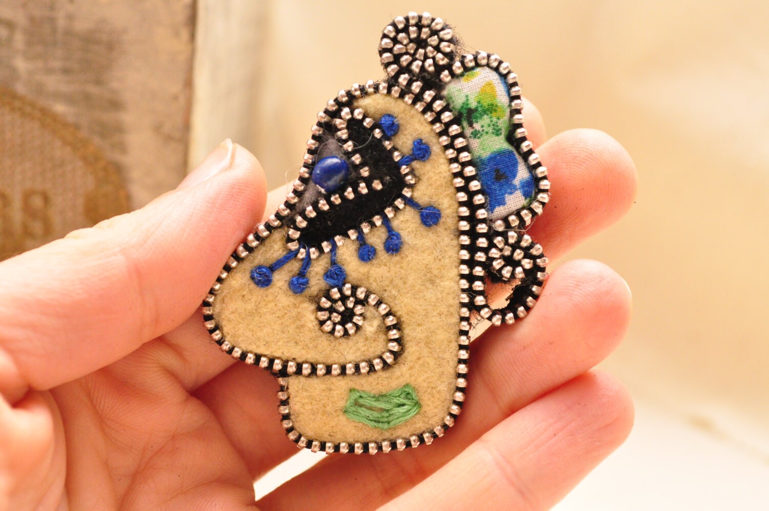 Yellow Artisan Brooch Pin Zipper Jewelry Unique Felt Brooch Whimsical ...