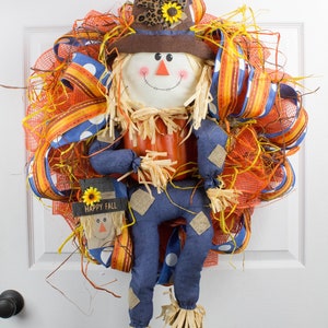 Happy Fall Scarecrow Wreath With Orange and Blue Deco Mesh - Autumn ...
