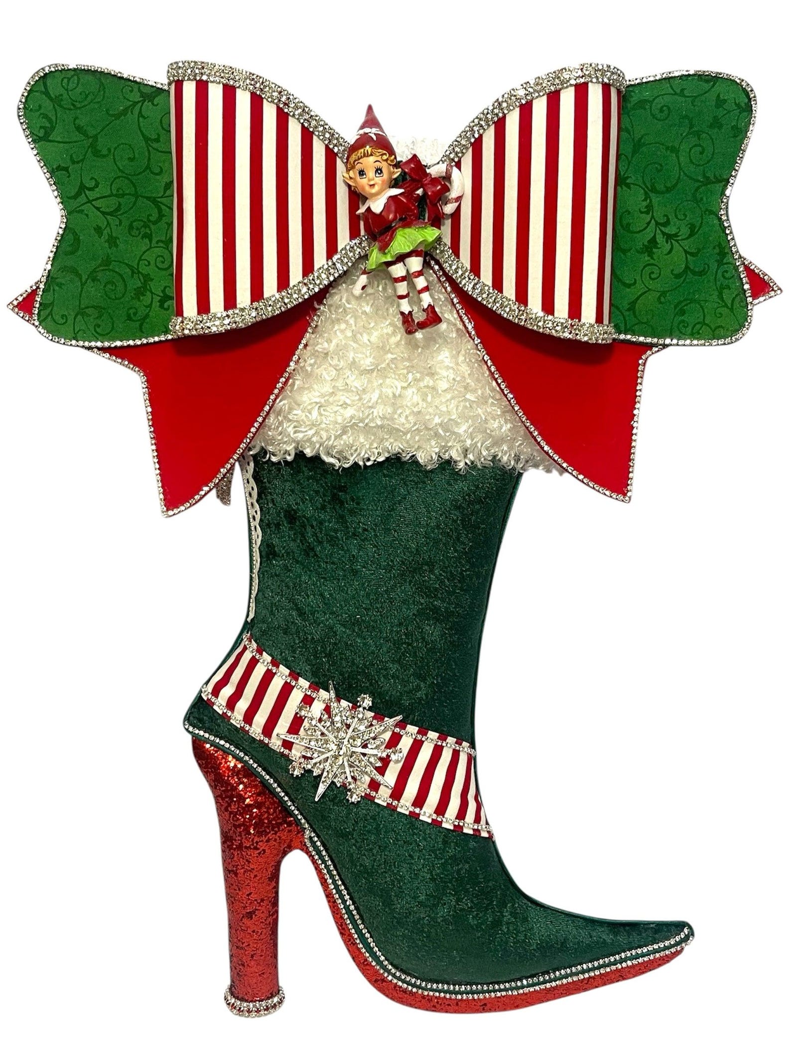 Elf Bougie Boot With Red Glittery Stiletto Heels , Wreath Attachment ...