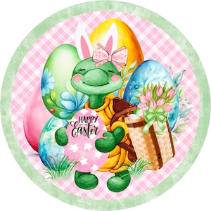 Happy Easter Turtle With Bunny Ears Sign - 10” or 11.75” Round Spring ...