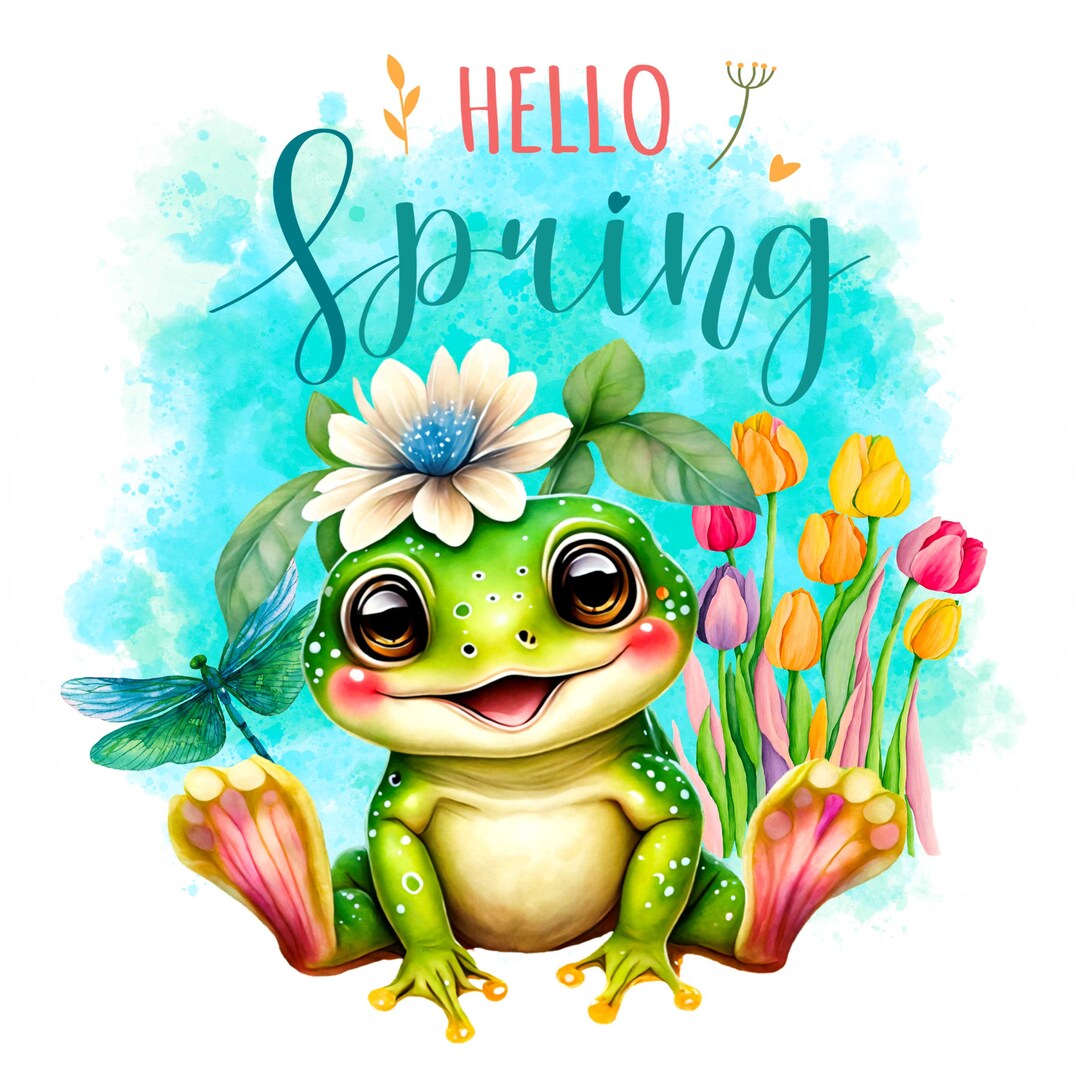 Froggy Hello Spring Round Metal Wreath Sign With Dragonfly and Tulips ...