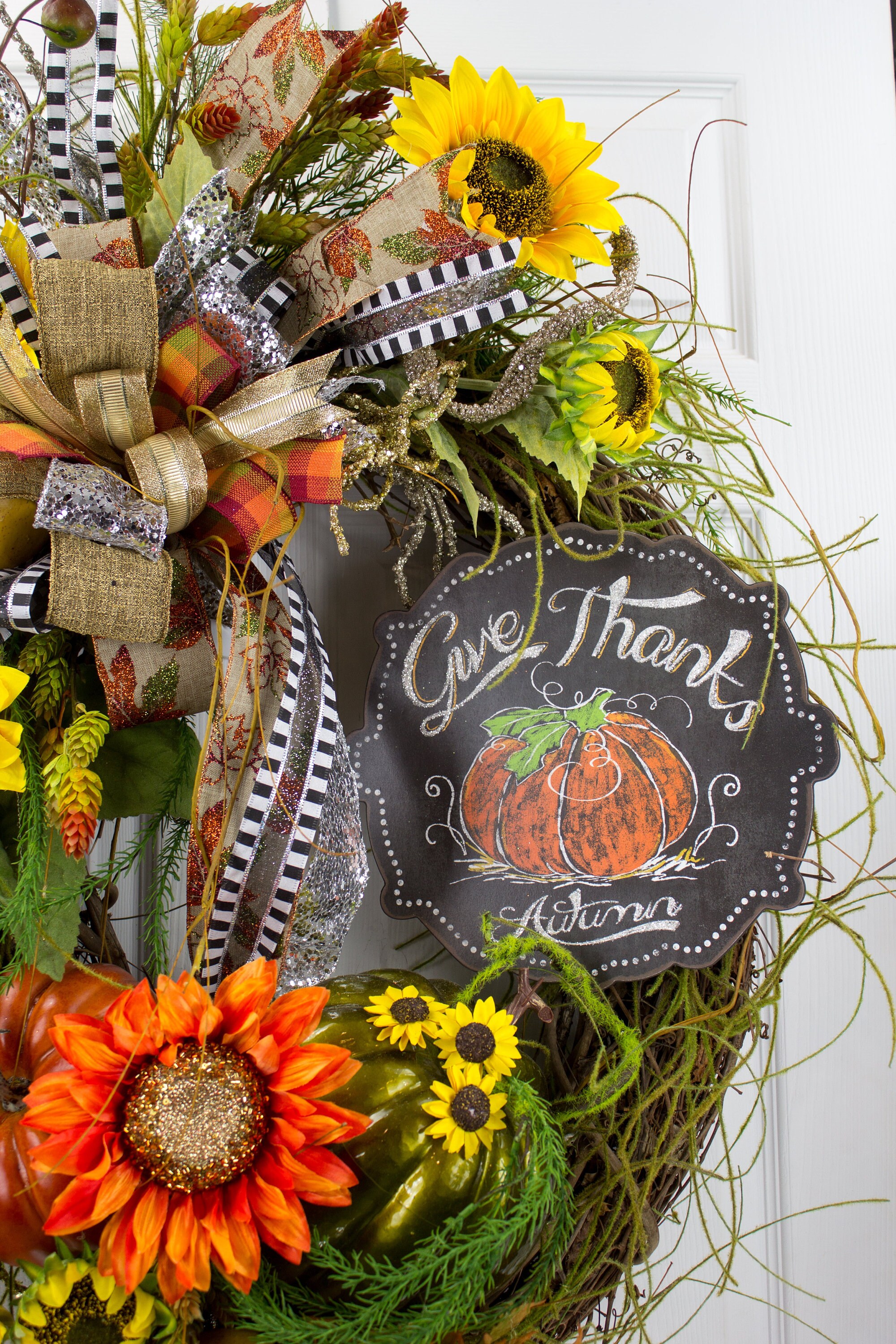 Give Thanks Autumn Wreath With Sunflowers and Pumpkins - Thanksgiving ...