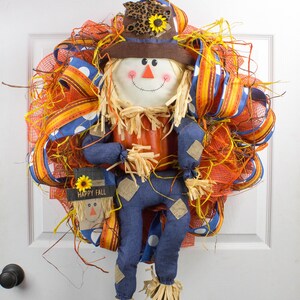 Happy Fall Scarecrow Wreath With Orange and Blue Deco Mesh - Autumn ...