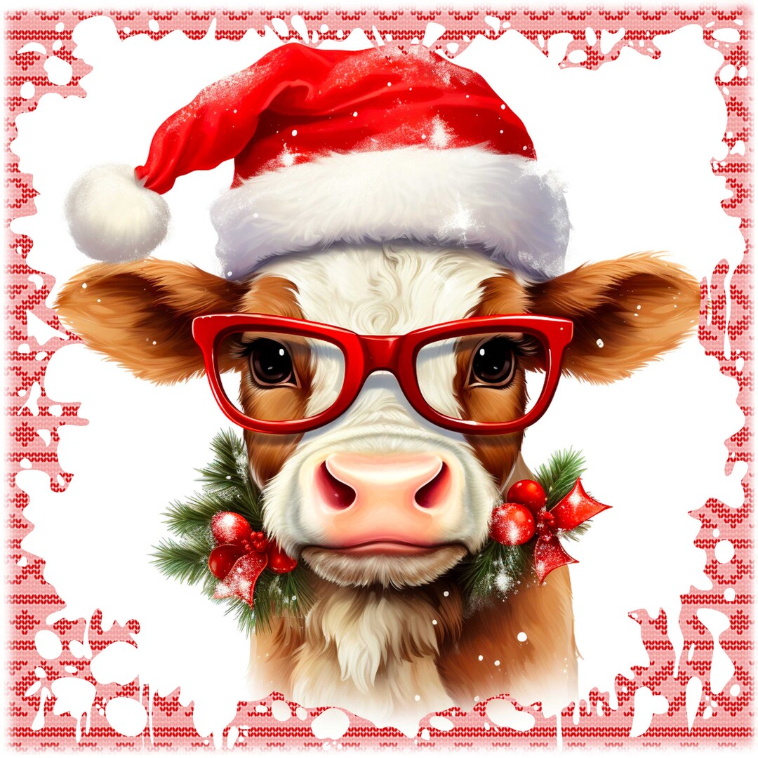 Festive Cow With Santa Hat 10" Square Wreath Sign - Cute Christmas ...
