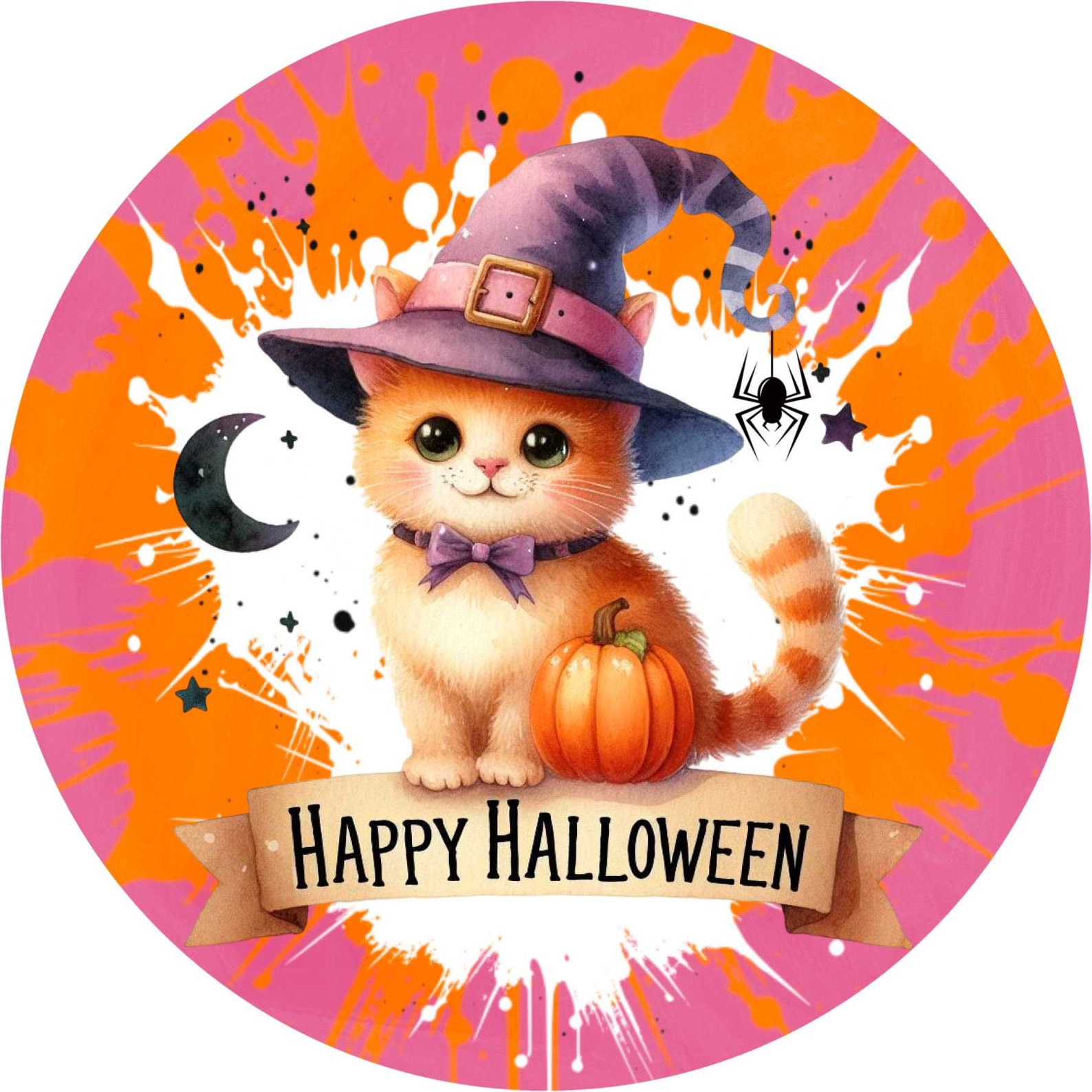 Spooky Halloween Kitty Sublimated Round Wreath Sign, Whimsical ...