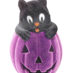 Flocked Black Cat on Jack-o-lantern, Glitterville Black Cat on Pumpkin ...