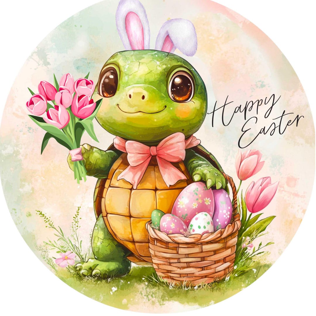 Happy Easter Turtle With Bunny Ears Sign - 10” or 11.75” Round Spring ...
