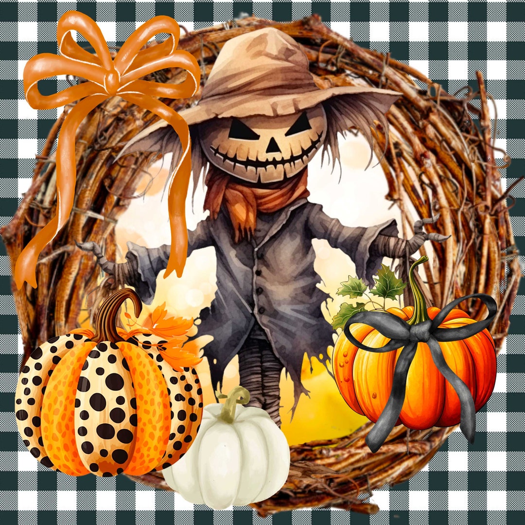 Spooky Scarecrow Halloween Wreath Sign With Pumpkins and Orange Bow ...