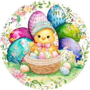 Plaid Tam Chick Round Sign - Easter Decor With Basket and Colorful Eggs ...