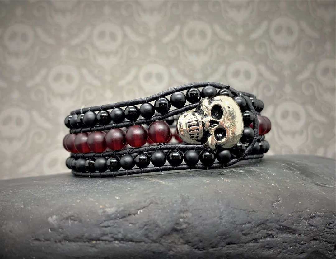 Skull Face Skull Cuff Bracelet Beaded Leather Cuff Bracelet - Etsy