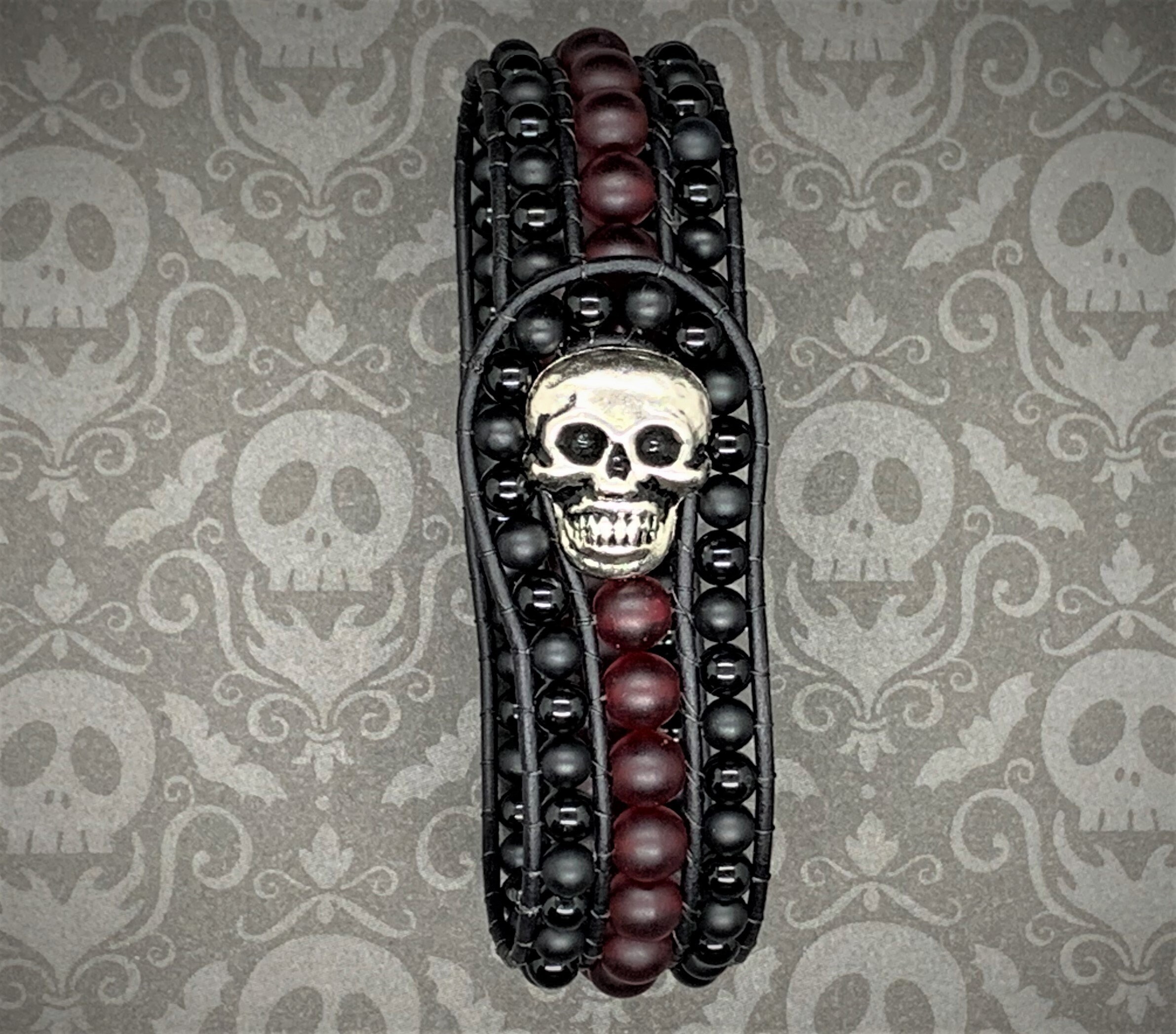 Skull Face Skull Cuff Bracelet Beaded Leather Cuff Bracelet - Etsy