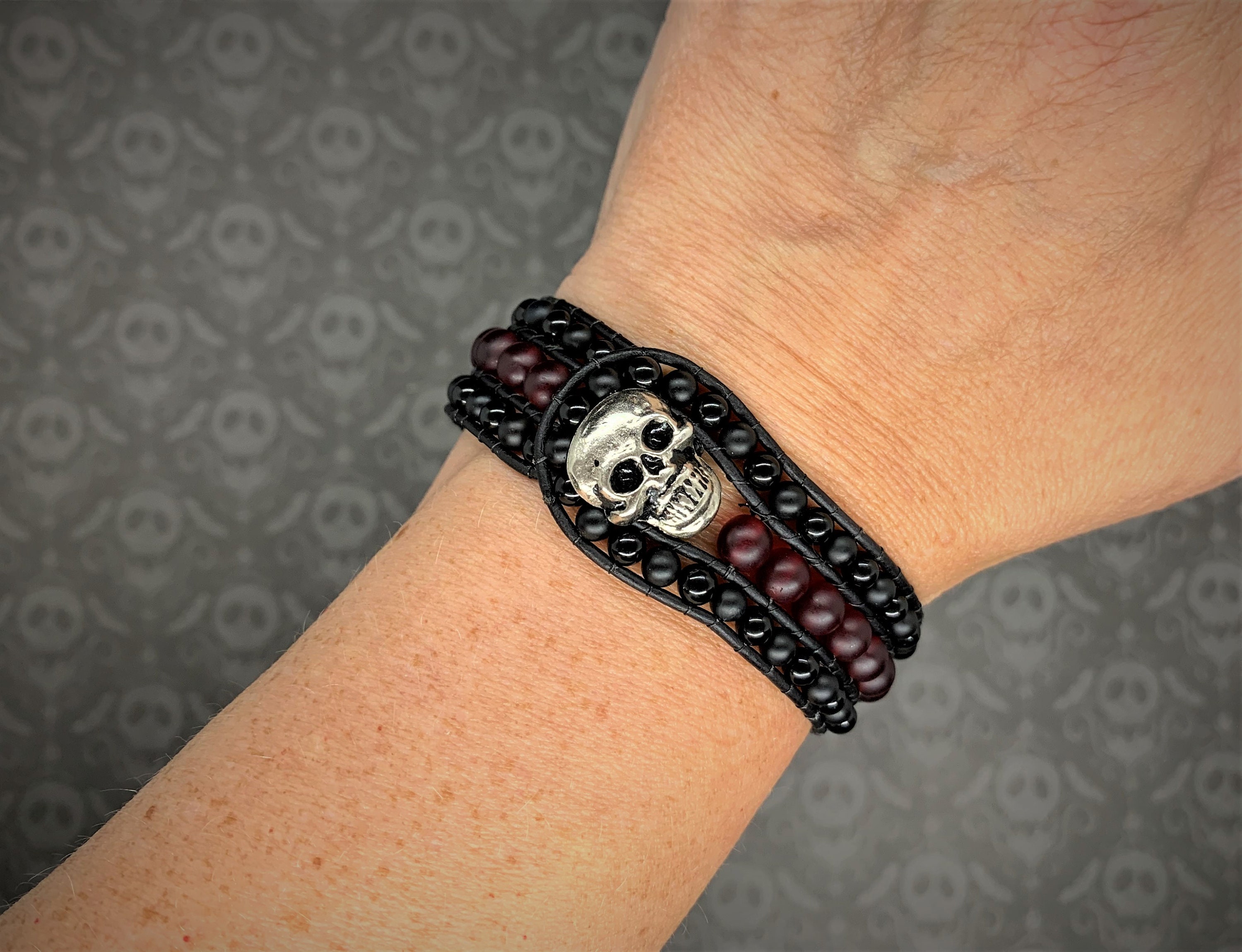 Skull Face Skull Cuff Bracelet Beaded Leather Cuff Bracelet - Etsy