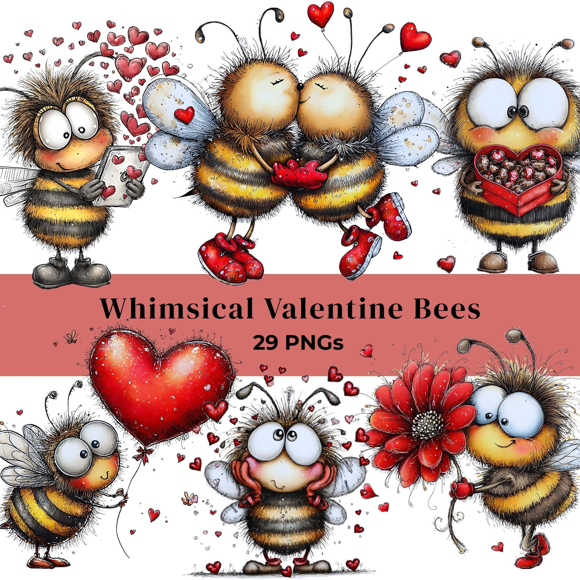 Valentine Clipart, Cute Valentine Bees, Whimsical Love Bee Set, Hearts ...