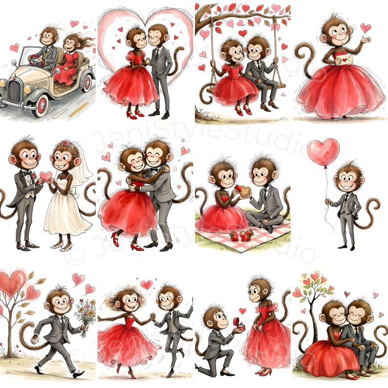 Valentine Monkey Love Story Clipart, Romantic PNG Files (digital ...