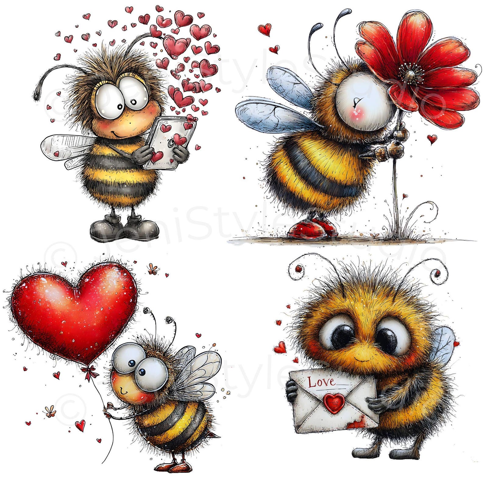 Valentine Clipart, Cute Valentine Bees, Whimsical Love Bee Set, Hearts ...