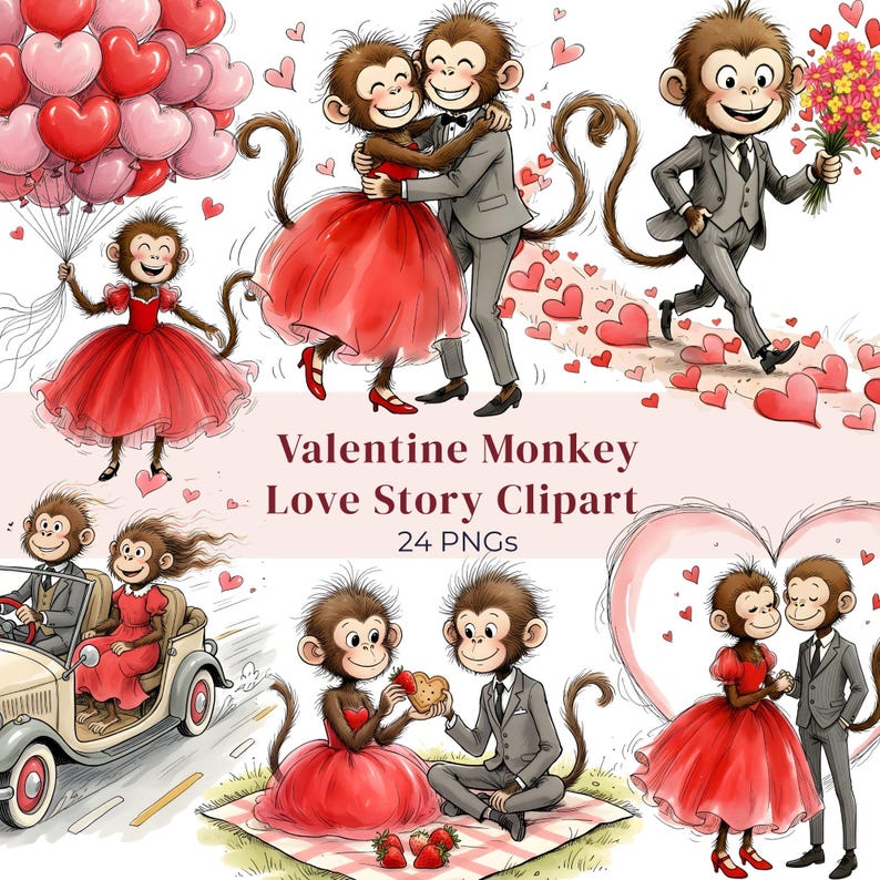 Valentine Monkey Love Story Clipart, Romantic PNG Files (digital ...