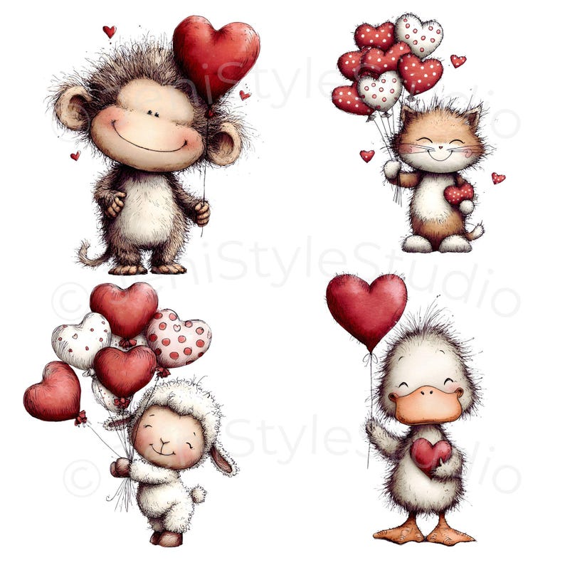 Animals Valentine Clipart: Whimsical Graphics, Heart Balloons (digital ...