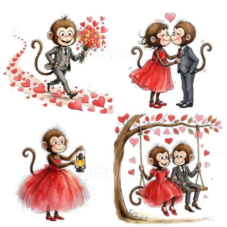 Valentine Monkey Love Story Clipart, Romantic PNG Files (digital ...