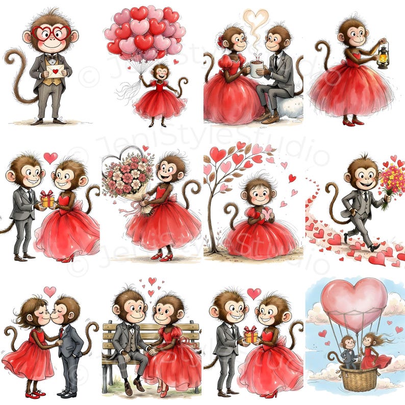 Valentine Monkey Love Story Clipart, Romantic PNG Files (digital ...