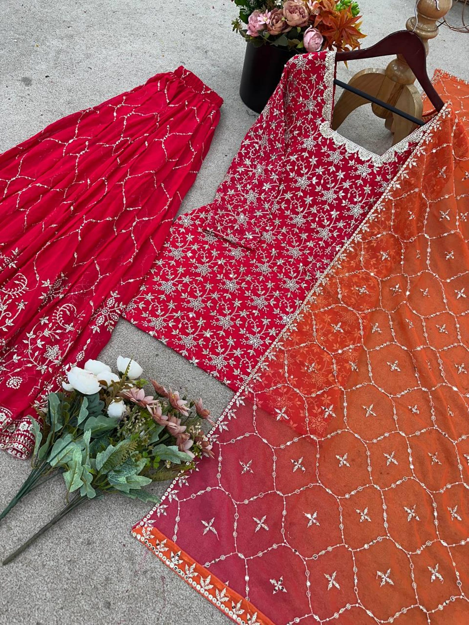 Hot Pink & Orange Zari Work Sharara With Dupatta, Indian Ethnic Wear ...