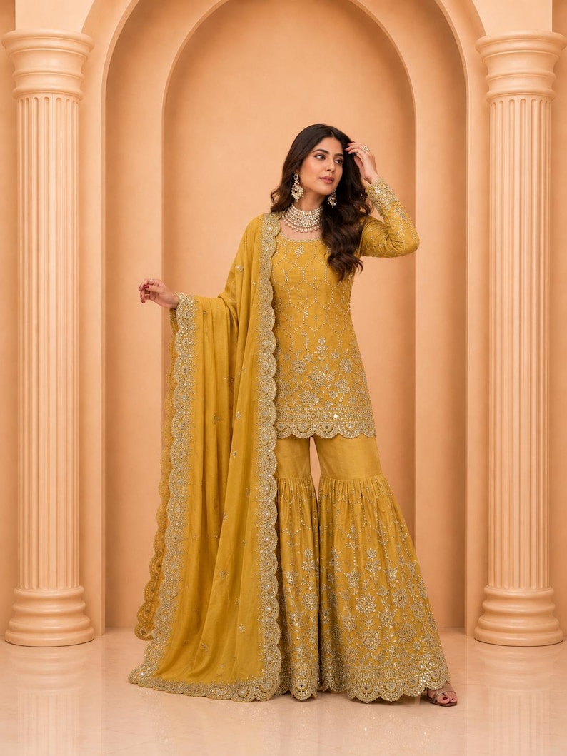 Yellow Heavy Embroidered Sharara Suit Set With Dupatta for Women - Etsy