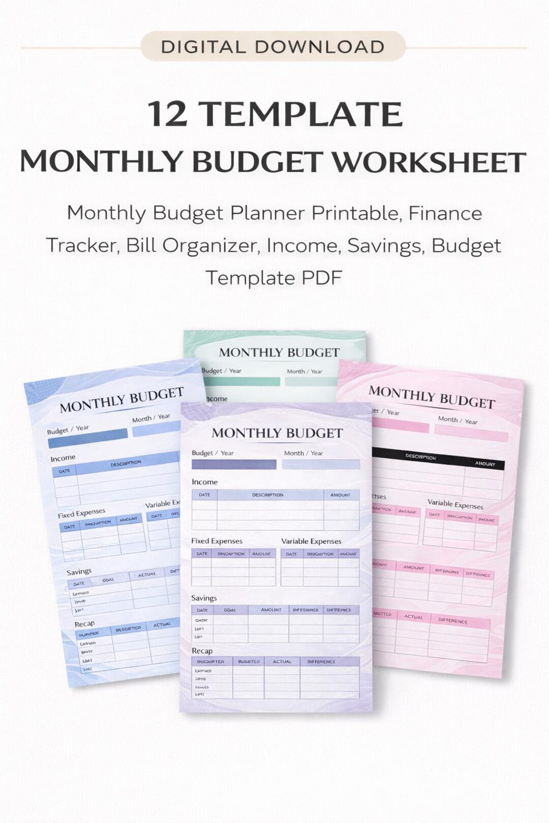 Monthly Budget Planner Printable, Finance Tracker, Bill Organizer ...