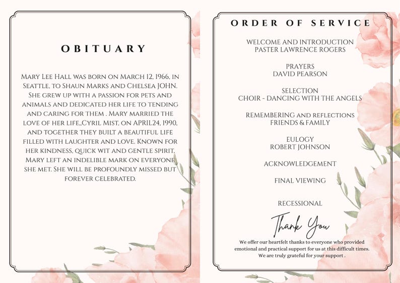 Floral Funeral Program Editable Template: Elegant Memorial Service ...