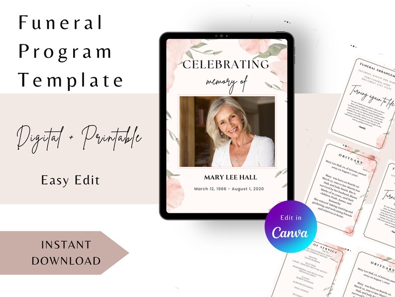 Floral Funeral Program Editable Template: Elegant Memorial Service ...