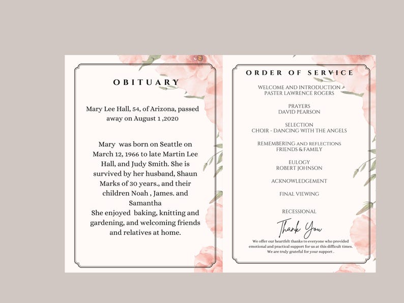 Floral Funeral Program Editable Template: Elegant Memorial Service ...