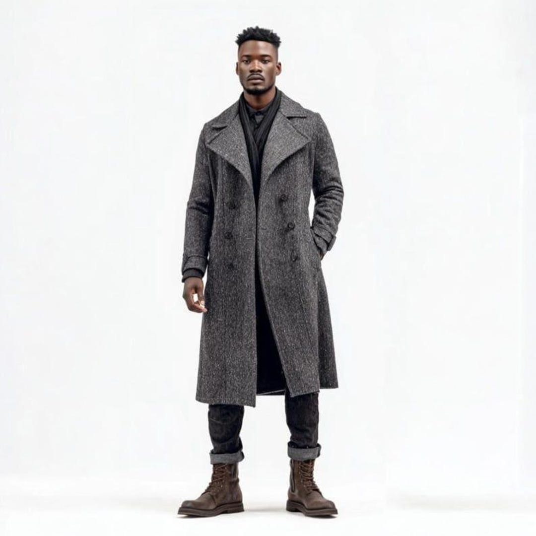 Men’s Grey Wool Long Trench Coat – Classic Full-length Overcoat ...