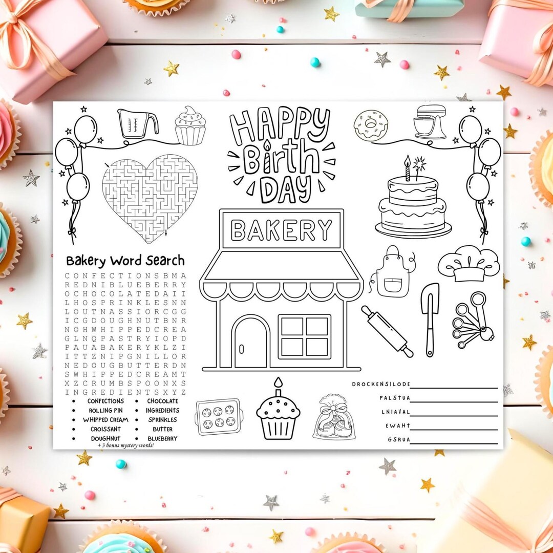 Bakery Birthday Party Activity Placemat, Printable Baking Party ...