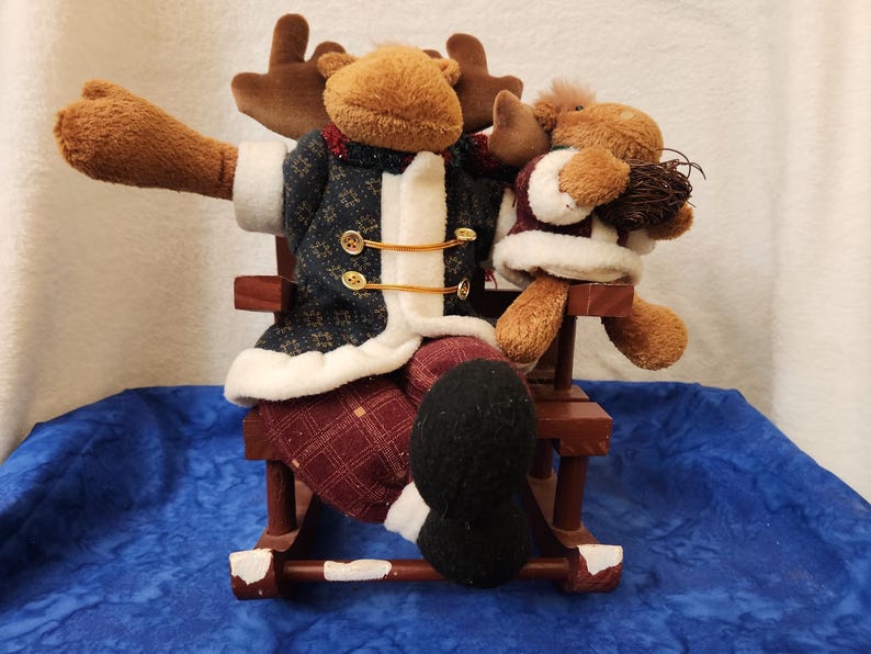 Christmas Stuffed Moose With Baby Moose in Red Rocking Chair Holiday ...