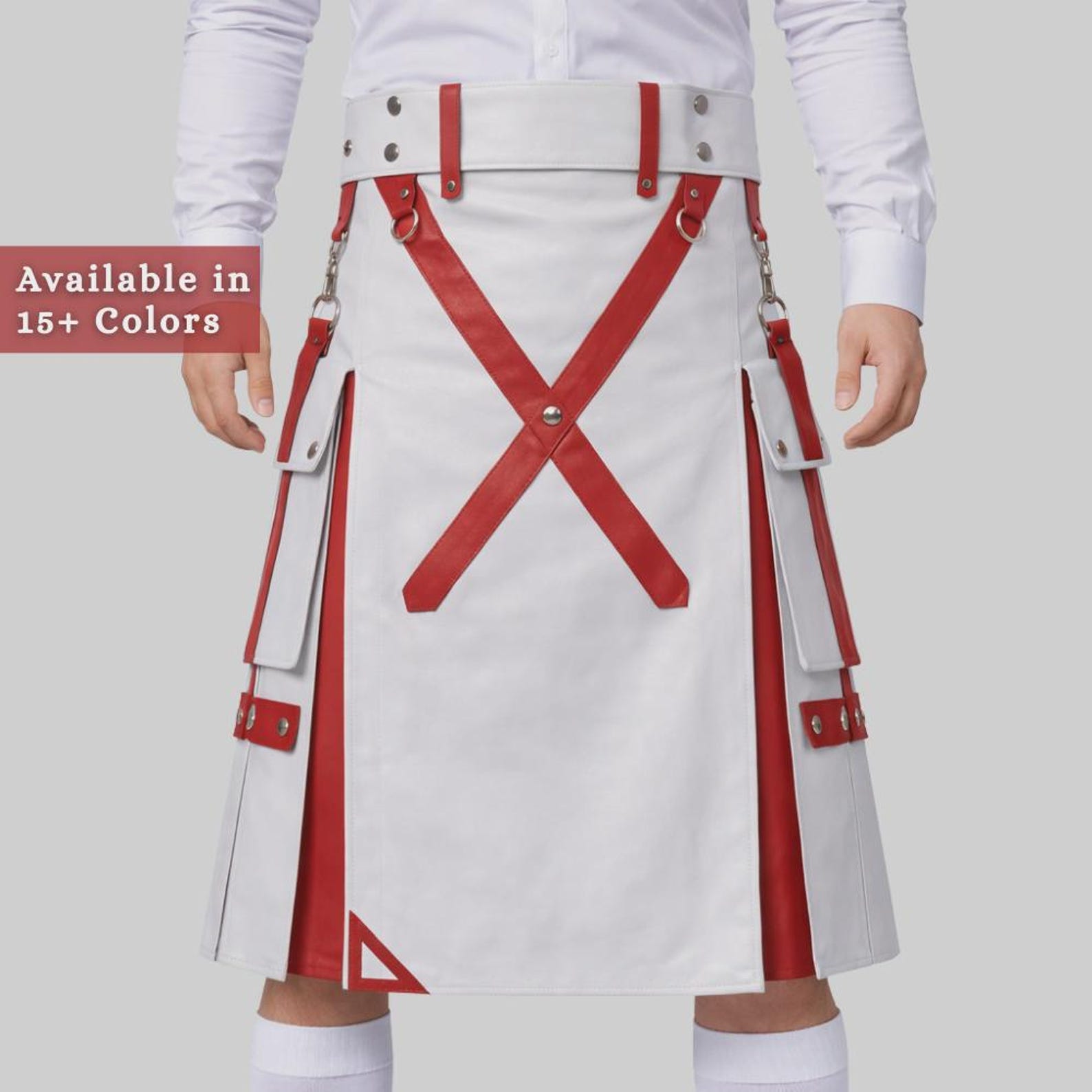 White & Red Hybrid Leather Utility Kilt for Men – Gothic Warrior ...