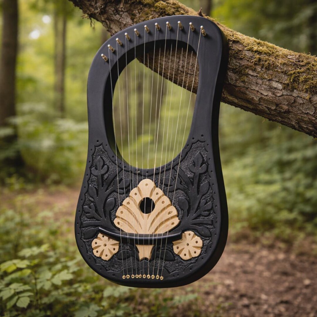 Hand-carved Black 10 String Lyre Harp, Golden Flower Design - Etsy