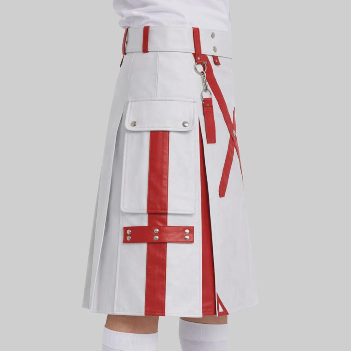 White & Red Hybrid Leather Utility Kilt for Men – Gothic Warrior ...