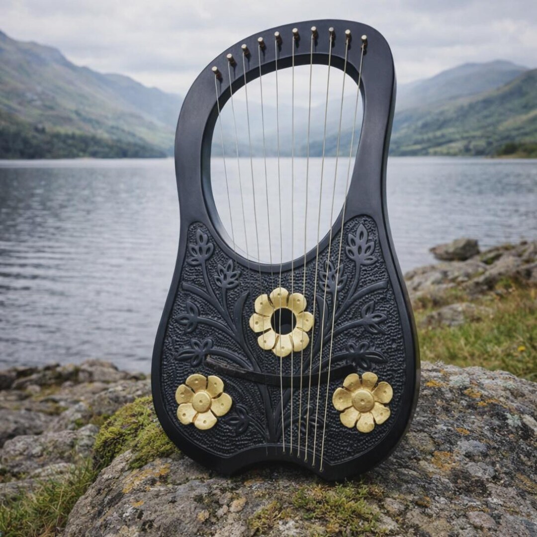 Black Wooden Lyre Harp – 10 Metal Strings With Golden Floral Carving ...